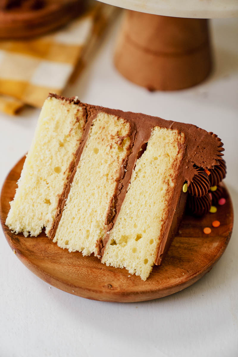 Buttery Yellow Cake with Chocolate Frosting - Cake Babe Bakery