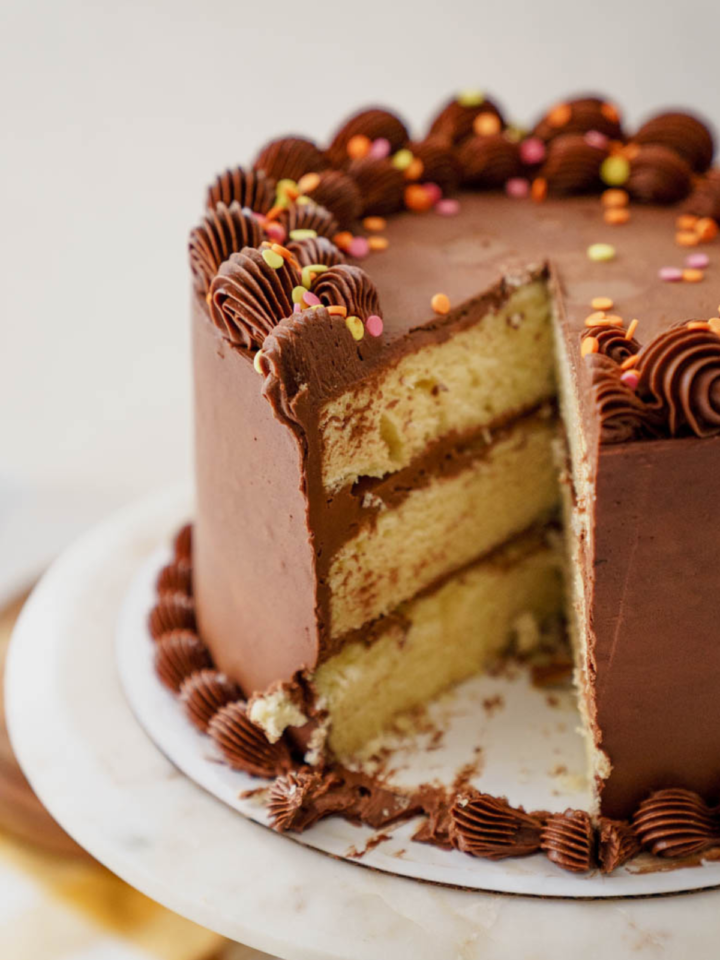 Buttery Yellow Cake with Chocolate Frosting - Cake Babe