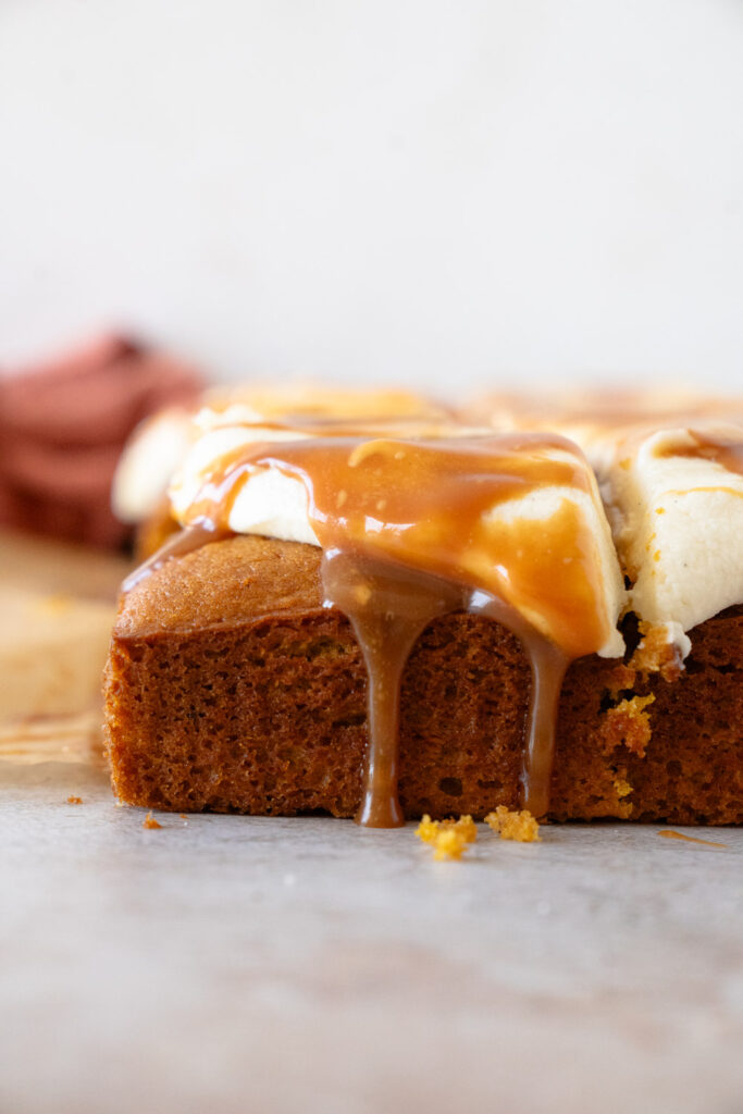 The Most Splendid Caramel Pumpkin Sheet Cake - Cake Babe Bakery
