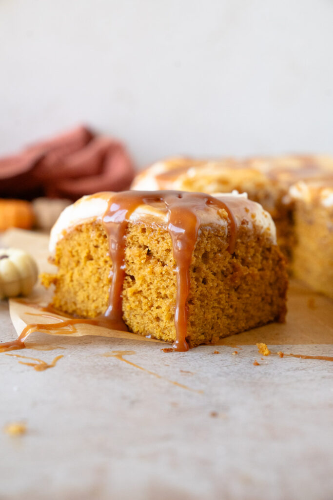 The Most Splendid Caramel Pumpkin Sheet Cake - Cake Babe Bakery