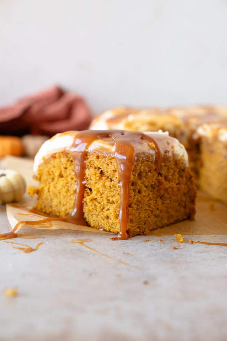 The Most Splendid Caramel Pumpkin Sheet Cake - Cake Babe Bakery